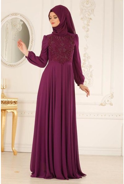 Neva Style Tesettürlü Abiye Elbise - Fuşya Tesettür Abiye Elbise 3839F