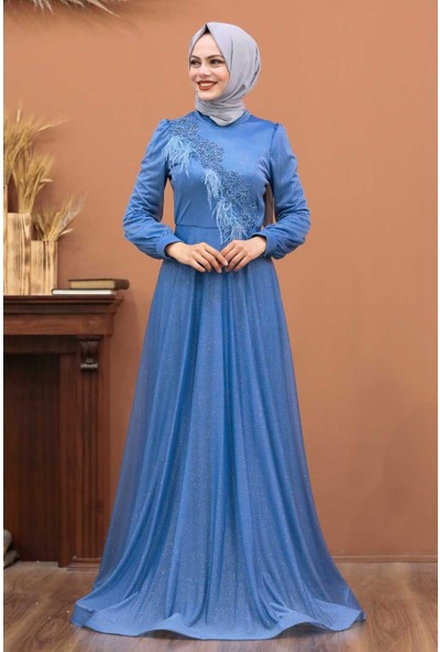 Neva Style Tesettürlü Abiye Elbise - Dantel Detaylı Indigo Mavisi Tesettür Abiye Elbise 39210IM