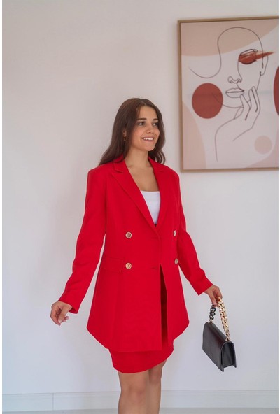 Elbee Kemerli Etek ve Ceket Kadın Takım - Kırmızı