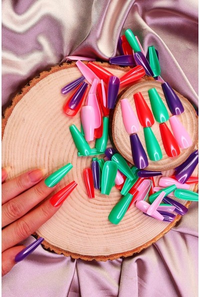 Mujgan 100'LÜ Renkli Mor-Kırmızı-Pembe Takma Tırnak T9 Mujgan