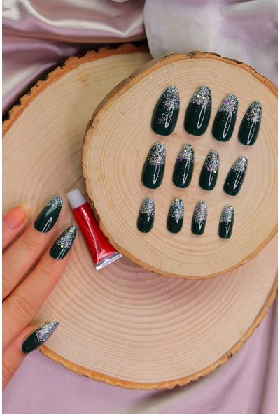 Mujgan 12'li Badem Koyu Yeşil Simli Takma Tırnak T12 Mujgan Mujgan 12'li Badem Koyu Yeşil Simli Takma Tırnak T12 Mujgan