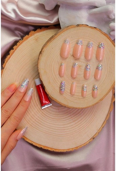 Mujgan 12'li Badem Krem Pudra Simli Takma Tırnak T19 Mujgan Mujgan 12'li Badem Krem Pudra Simli Takma Tırnak T19 Mujgan