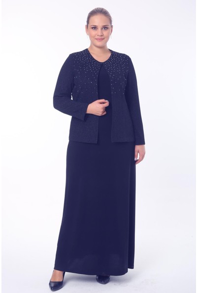 Ladies First Büyük Beden 3682 Lacivert Ceket+Elbise Ikili Takım