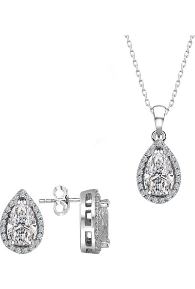 Swarovski Damla Taşlı Fantezi Küpe Kolye Ikili Kadın Set