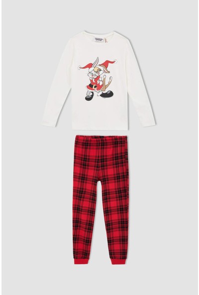 DeFacto Kız Çocuk Looney Tunes Lisanslı Yılbaşı Temalı Kareli Uzun Kollu Pijama Takım W2380A621WN