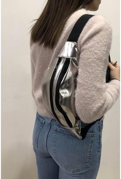 Trend Çift Bölmeli Kadın Bel Çantası Rugan Gümüş 2450