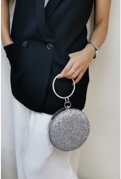 Nazart Kadın Pullu Gümüş Abiye Clutch Portföy Kadın Gece Çantası