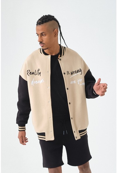 Machinist Clothing Oversize Reality Bej-Siyah Şardonlu Kolej Ceket Machinist Clothing Oversize Reality Bej-Siyah Şardonlu Kolej Ceket