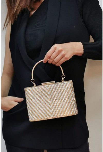 Nazart Kadın Üçgen Taşlı Altın Abiye Clutch Portföy Kadın Gece Çantası