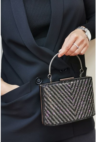 Nazart Kadın Üçgen Taşlı Siyah Abiye Clutch Portföy Kadın Gece Çantası