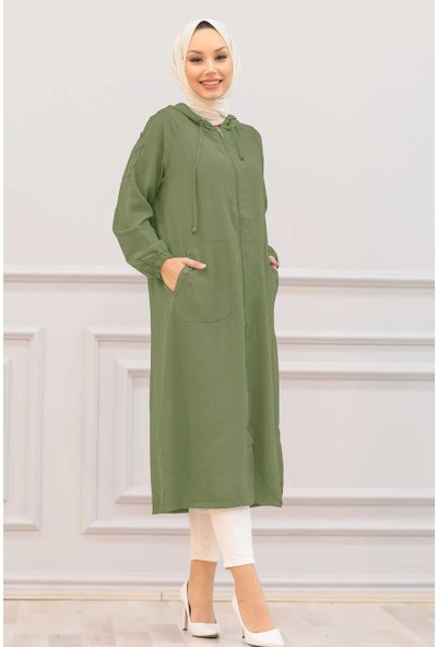 Neva Style - Kapşonlu Haki Tesettür Kap 14650HK Neva Style - Kapşonlu Haki Tesettür Kap 14650HK