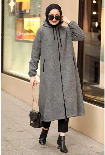 Neva Style - Kapşonlu Füme Tesettür Kaşe Kap 5664FU Neva Style - Kapşonlu Füme Tesettür Kaşe Kap 5664FU