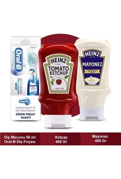 Heinz Ketçap 460 gr & Mayonez 400 gr + Oral-B Diş Macunu Pro-Onarım 50 ml & Oral-B Diş Fırçası Heinz Ketçap 460 gr & Mayonez 400 gr + Oral-B Diş Macunu Pro-Onarım 50 ml & Oral-B Diş Fırçası