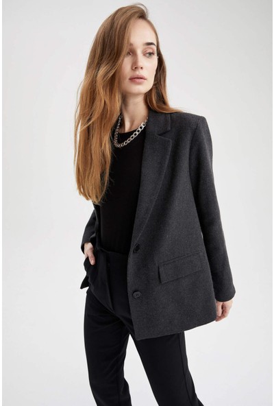 DeFacto Kapaklı Cepli Relax Fit Uzun Kollu Yünlü Blazer Ceket V8099AZ21WN