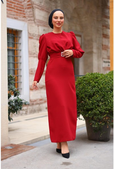 Meqlife Toka Kuşaklı Abiye - Bordo