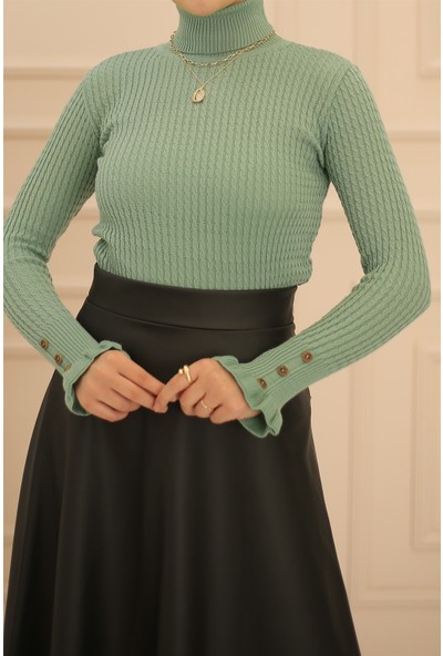 İmaj Butik Kol Fırfır Detaylı Tam Boğaz Triko Kazak/mint