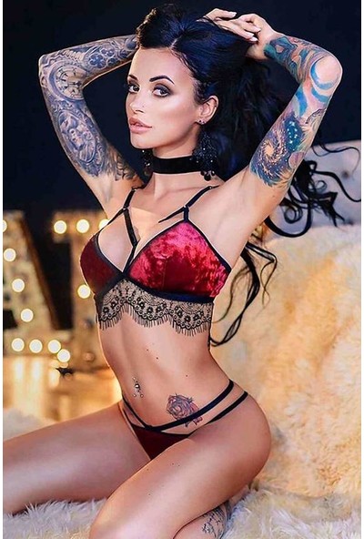 Merry See Kadife Sütyen Külot Takım Kırmızı - MS3230