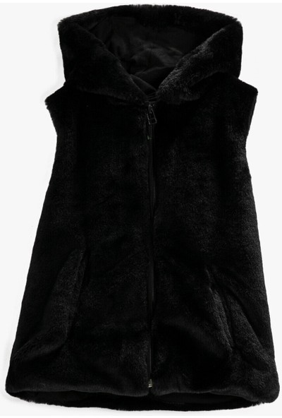 Koton Kapşonlu Suni Kürk Yelek Fermuarlı Kolsuz