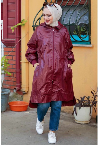 Neva Style - Fermuarlı Bordo Tesettür Yağmurluk Kap 12840BR