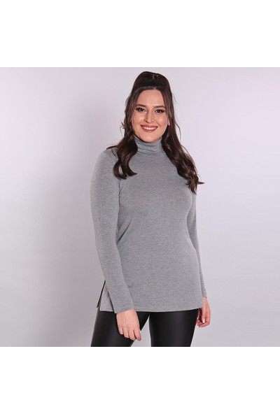 Trend42plus Balıkçı Yaka Gri Büyük Beden Bluz
