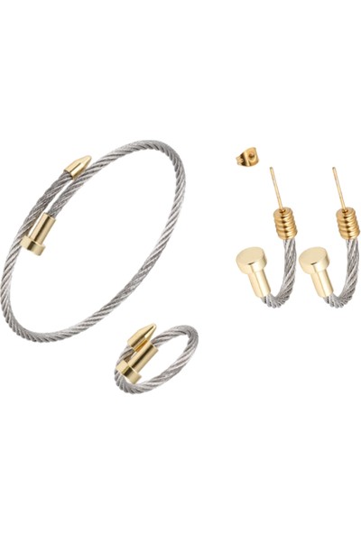 Chavin Gri Gold Çivi Çelik Bayan Bileklik Küpe Yüzük Set EP61BY