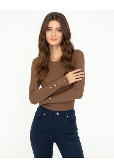 Pierre Cardin Açık Kahverengi Slim Fit Basic Triko Kazak 50244945-VR153