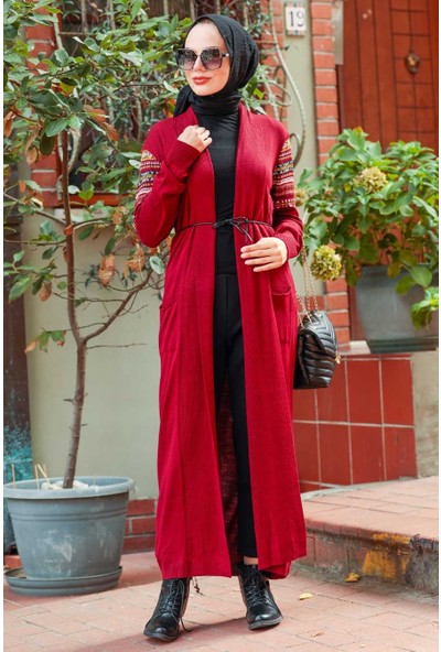 Neva Style Neva Style - Kolları Desenli Bordo Tesettür Triko Hırka 15725BR