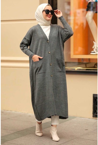 Neva Style Neva Style - Düğmeli Füme Tesettür Triko Hırka 33650FU