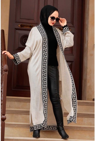 Neva Style Neva Style - Şerit Desenli Bej Tesettür Triko Hırka 3049BEJ