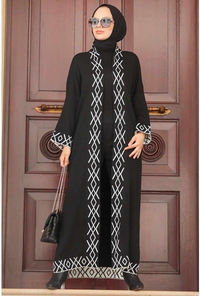 Neva Style Neva Style - Şerit Desenli Siyah Tesettür Triko Hırka 3063S