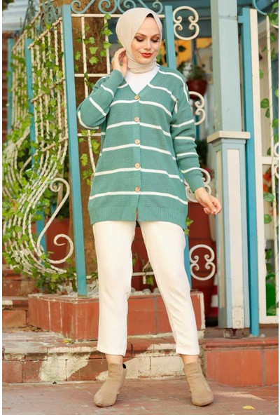 Neva Style Neva Style - Çizgili Çağla Yeşili Tesettür Hırka 2428CY