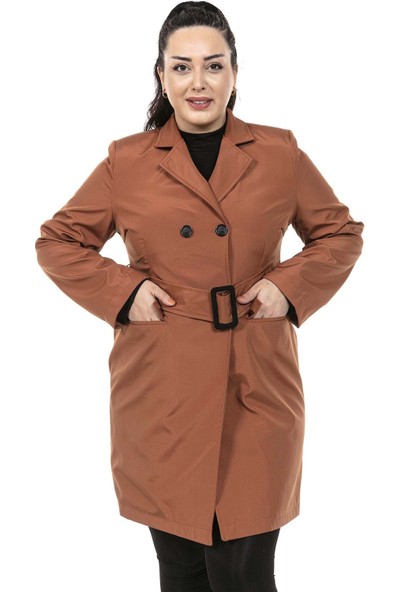 Disentis Modest Büyük Beden Kapaklı Cepli Kuşaklı Kruvaze Astarlı Tarçın Rengi Ceket