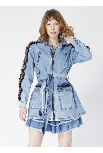 Rocky Girl Etnik Fırfır Detaylı Denim Kaban