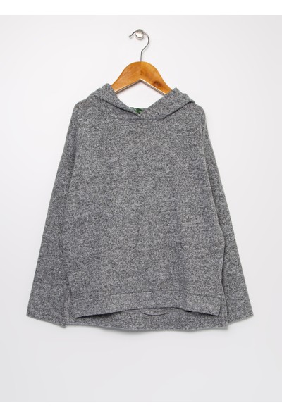 Limon Kapüşonlu Nakışlı Antrasit Melanj Kız Çocuk Kazak