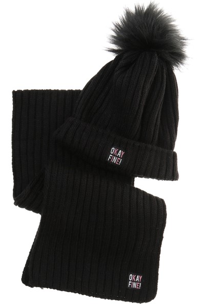 Limon Siyah Kız Çocuk 2''li Atkı Bere Takımı