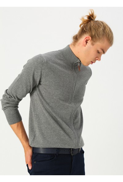 Limon Fermuarlı Yaka Gri Melanj Erkek Hırka