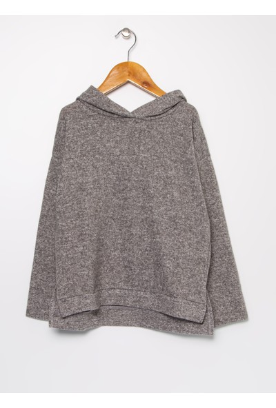 Limon Kapüşonlu Nakışlı Gri Melanj Kız Çocuk Kazak