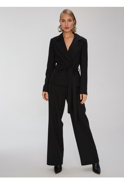 People By Fabrika Düğmeli Kuşaklı Siyah Kadın Ceket