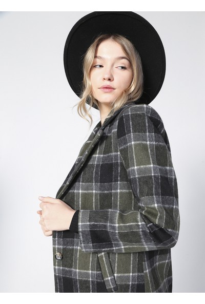 Limon Kala Ceket Yaka Standart Kalıp Kareli Haki Kadın Kaban Limon Kala Ceket Yaka Standart Kalıp Kareli Haki Kadın Kaban