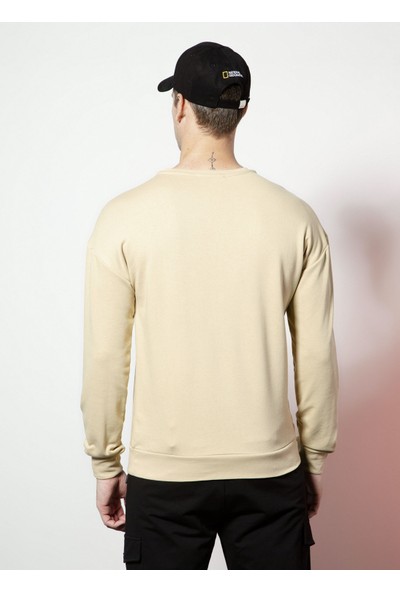 National Geographic Bisiklet Yaka Uzun Kollu Logo Baskılı Deve Tüyü Erkek Sweatshirt