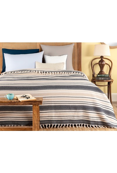 Madame Coco Carine Tek Kişilik Yatak Örtüsü - Ekru Lacivert