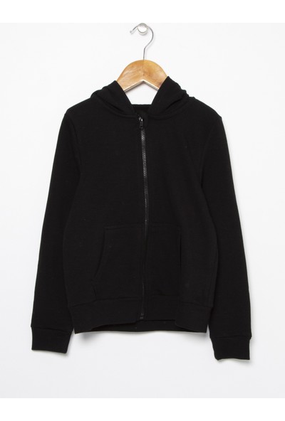 Limon Kapüşonlu Uzun Kollu Düz Siyah Kız Çocuk Sweatmont