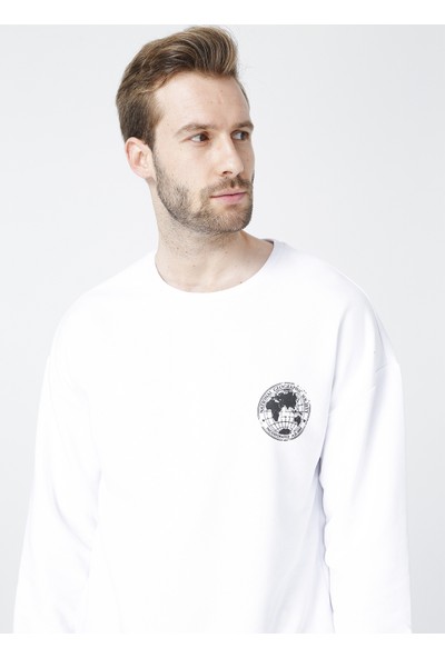 National Geographic Bisiklet Yaka Uzun Kollu Baskılı Beyaz Erkek Sweatshirt