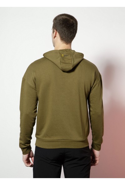 National Geographic Baskılı Kanguru Cepli Kapüşonlu Haki Erkek Sweatshirt