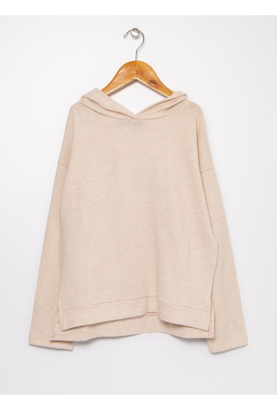 Limon Kapüşonnlu Nakışlı Ekru Kız Çocuk Kazak