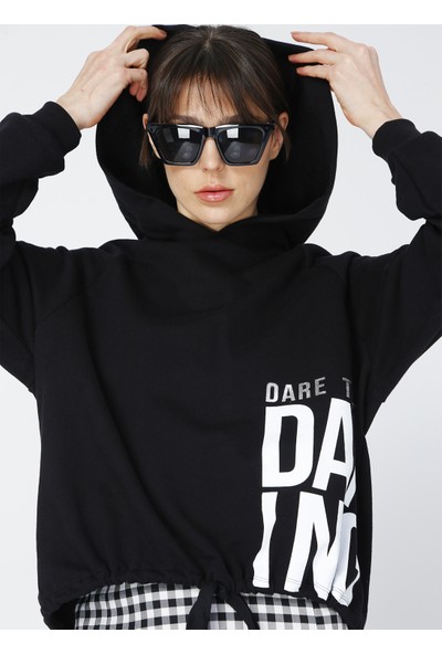 Limon Kapüşonlu Belden Bağlamalı Uzun Kollu Siyah Kadın Sweatshirt