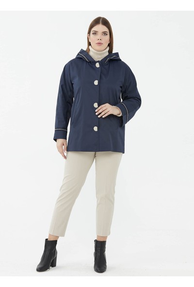 Selen Kapüşonlu Düz Lacivert Kadın Trençkot