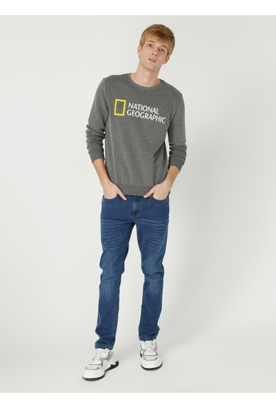 National Geographic Bisiklet Yaka Baskılı Gri Melanj Erkek Sweatshirt