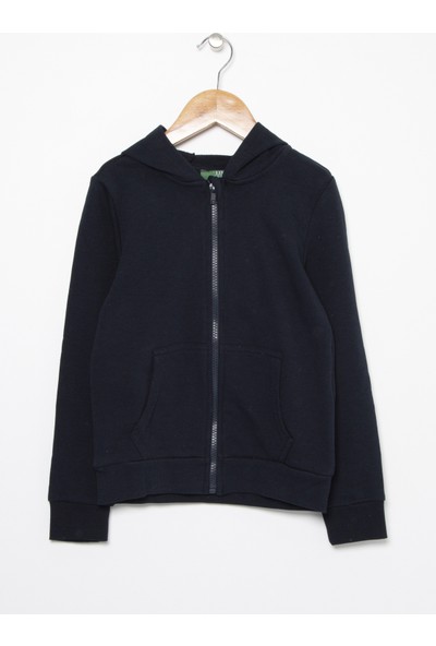 Limon Kapüşonlu Uzun Kollu Fermuarlı Düz Lacivert Kız Çocuk Sweatmont