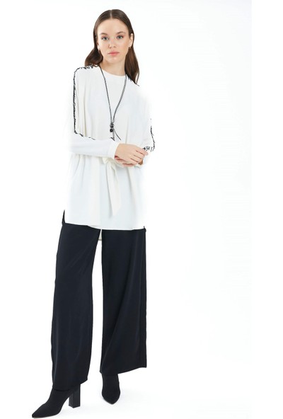 Zühre Boncuk Detaylı Beli Bağlamalı Tunik Pantolon Siyah/beyaz Takım TK-0578